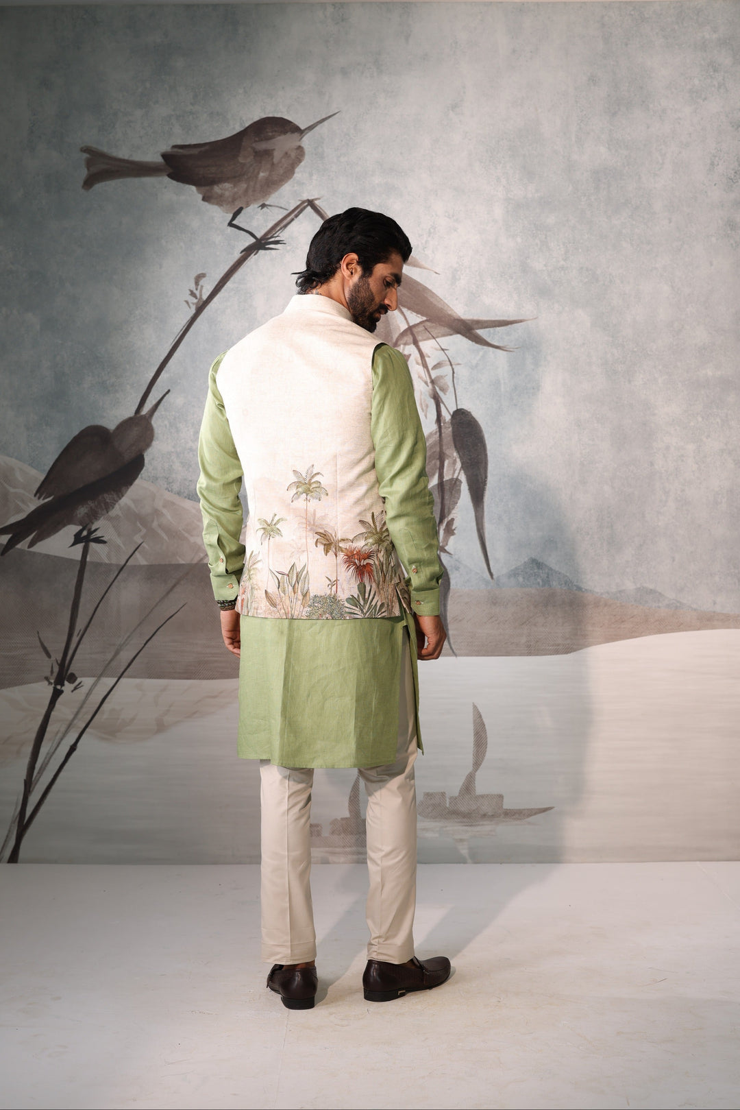Linen sadri set with green kurta and floral design – Bhasin Brothers