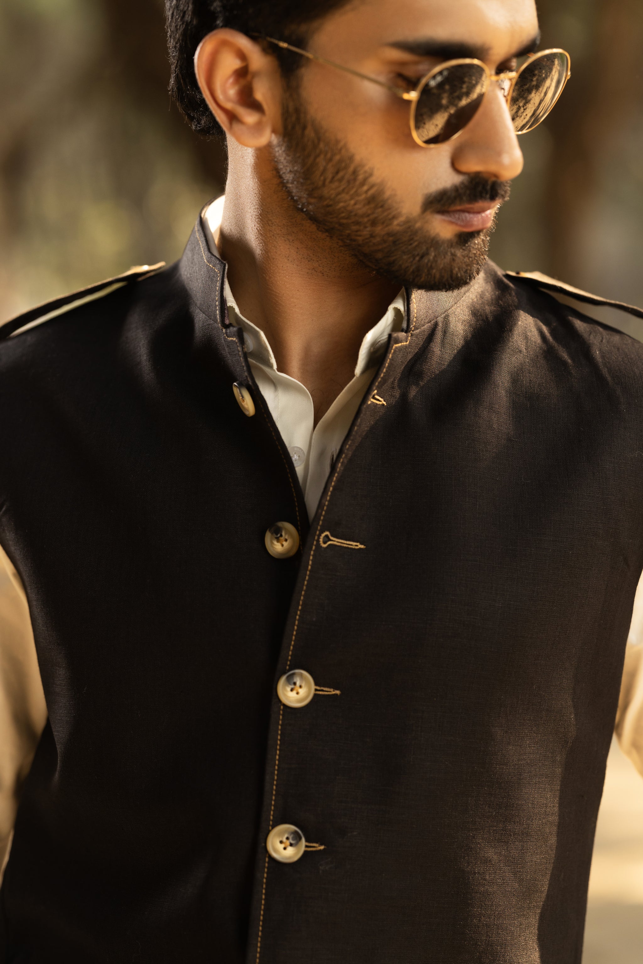Black Linen Sadri with Contrast Patch Pockets | Bhasin Brothers