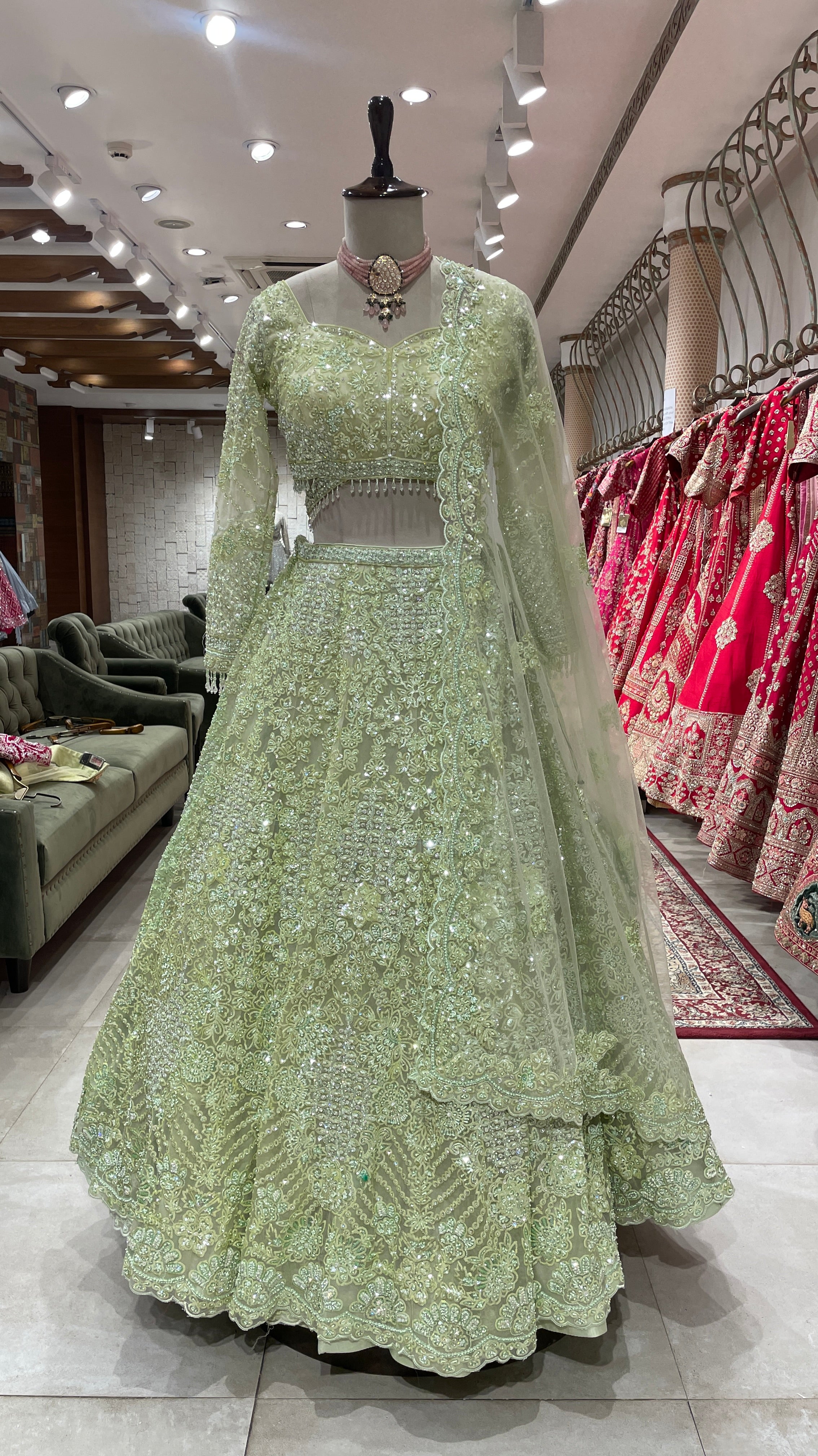 Pista Green colour Lehenga with sequins and pearlwork – Bhasin Brothers