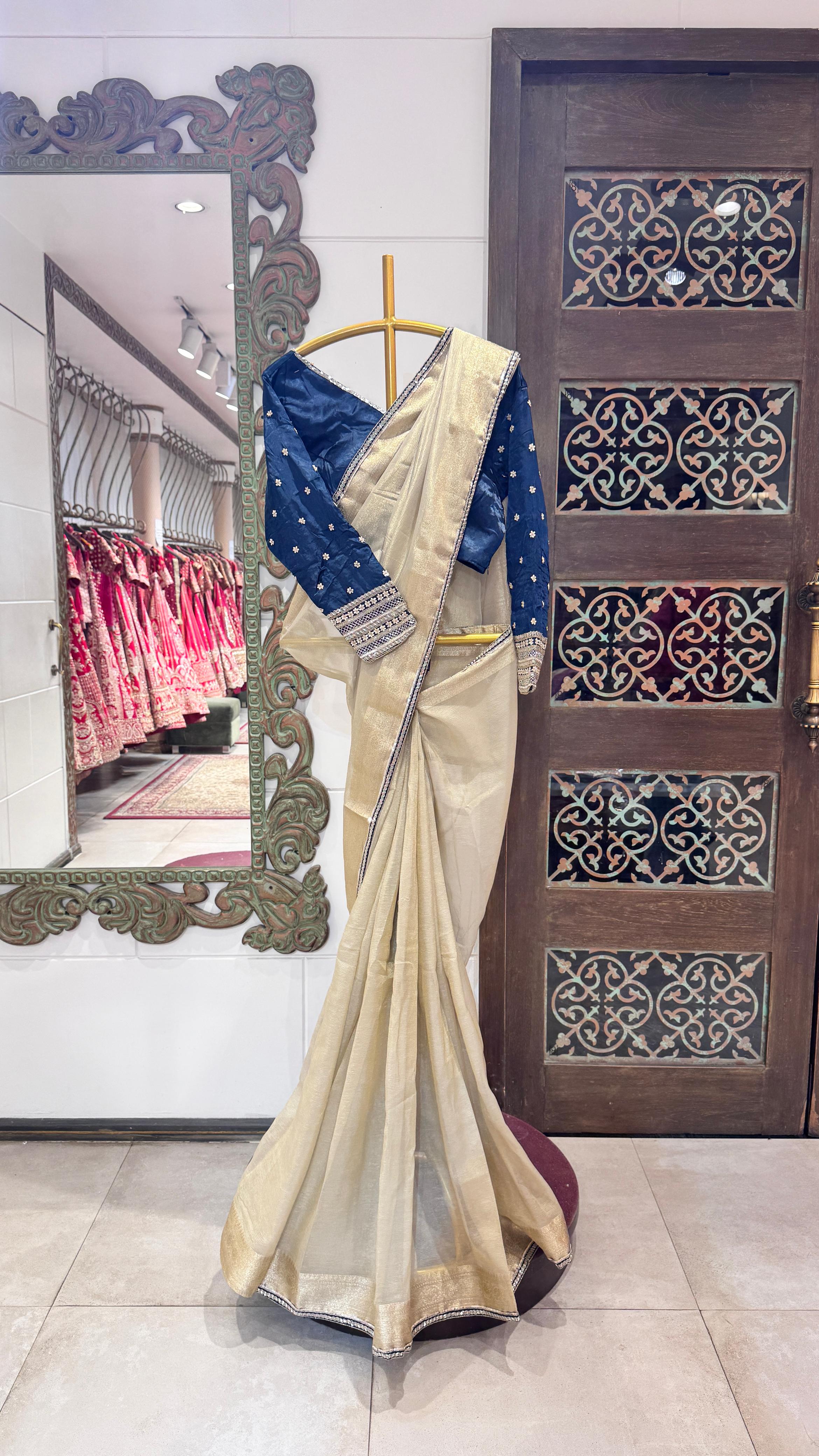 Gold color saree with zig-zag sequience border – Bhasin Brothers